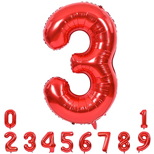 40 Inch Red Large Numbers Balloons 0-9, Number 3 Digit 3 Helium Balloons, Foil Mylar Big Number Balloons for Birthday Party Anniversary Supplies Decorations