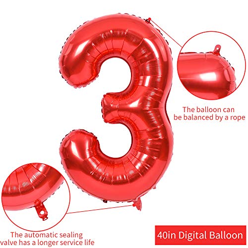 40 Inch Red Large Numbers Balloons 0-9, Number 3 Digit 3 Helium Balloons, Foil Mylar Big Number Balloons for Birthday Party Anniversary Supplies Decorations