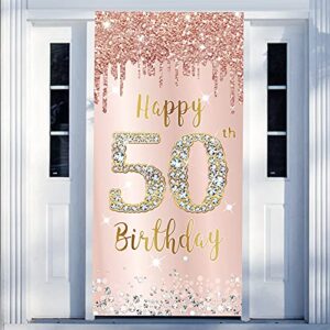 happy 50th birthday door banner decorations for women, pink rose gold 50 birthday party door cover sign backdrop supplies, fifty year old birthday poster background photo booth props decor