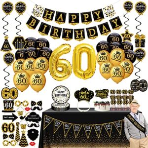 60th birthday decorations for men women – (76pack) black gold party banner, pennant, hanging swirl, birthday balloons, tablecloths, cupcake topper, crown, plates, photo props, sash for gifts