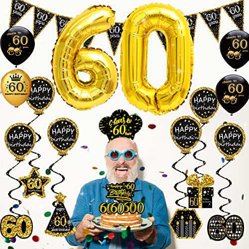 60th birthday decorations for men women - (76pack) black gold party Banner, Pennant, Hanging Swirl, birthday balloons, Tablecloths, cupcake Topper, Crown, plates, Photo Props, Sash for gifts