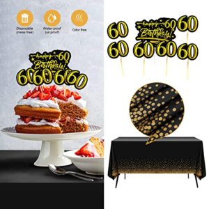 60th birthday decorations for men women - (76pack) black gold party Banner, Pennant, Hanging Swirl, birthday balloons, Tablecloths, cupcake Topper, Crown, plates, Photo Props, Sash for gifts