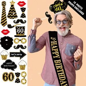 60th birthday decorations for men women - (76pack) black gold party Banner, Pennant, Hanging Swirl, birthday balloons, Tablecloths, cupcake Topper, Crown, plates, Photo Props, Sash for gifts