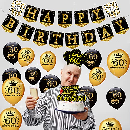 60th birthday decorations for men women - (76pack) black gold party Banner, Pennant, Hanging Swirl, birthday balloons, Tablecloths, cupcake Topper, Crown, plates, Photo Props, Sash for gifts