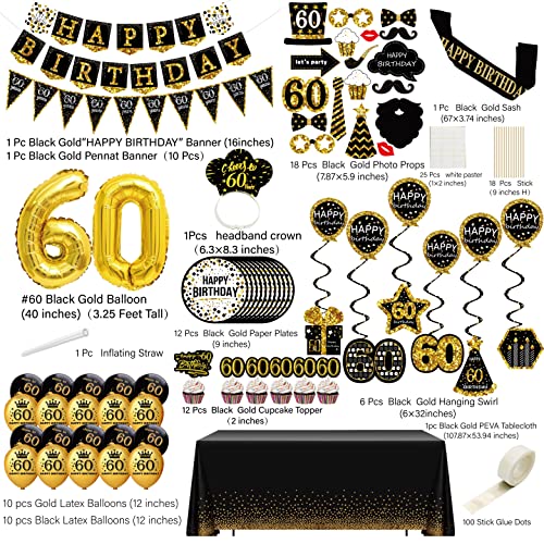 60th birthday decorations for men women - (76pack) black gold party Banner, Pennant, Hanging Swirl, birthday balloons, Tablecloths, cupcake Topper, Crown, plates, Photo Props, Sash for gifts