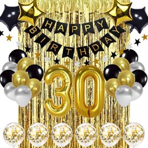 black and gold 30th birthday decorations banner balloon, number foil 30 balloon, 30 years old birthday decoration supplies