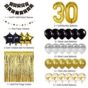 Black and Gold 30th Birthday Decorations Banner Balloon, Number Foil 30 Balloon, 30 Years Old Birthday Decoration Supplies