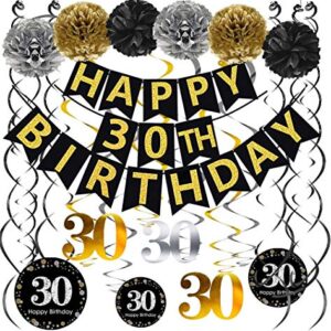 Famoby Black & Gold Glittery Happy 30th Birthday Banner,Poms,Sparkling 30 Hanging Swirls Kit for 30th Birthday Party 30th Anniversary Decorations Supplies