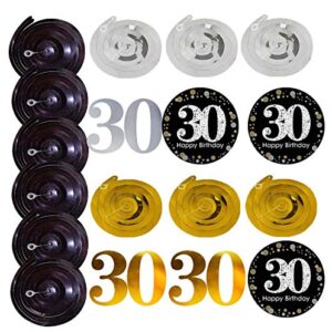 Famoby Black & Gold Glittery Happy 30th Birthday Banner,Poms,Sparkling 30 Hanging Swirls Kit for 30th Birthday Party 30th Anniversary Decorations Supplies