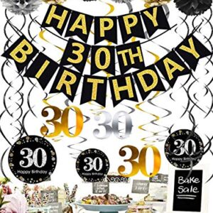 Famoby Black & Gold Glittery Happy 30th Birthday Banner,Poms,Sparkling 30 Hanging Swirls Kit for 30th Birthday Party 30th Anniversary Decorations Supplies