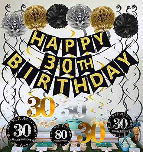 Famoby Black & Gold Glittery Happy 30th Birthday Banner,Poms,Sparkling 30 Hanging Swirls Kit for 30th Birthday Party 30th Anniversary Decorations Supplies