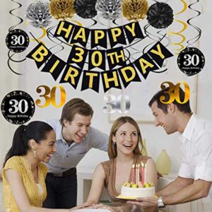 Famoby Black & Gold Glittery Happy 30th Birthday Banner,Poms,Sparkling 30 Hanging Swirls Kit for 30th Birthday Party 30th Anniversary Decorations Supplies