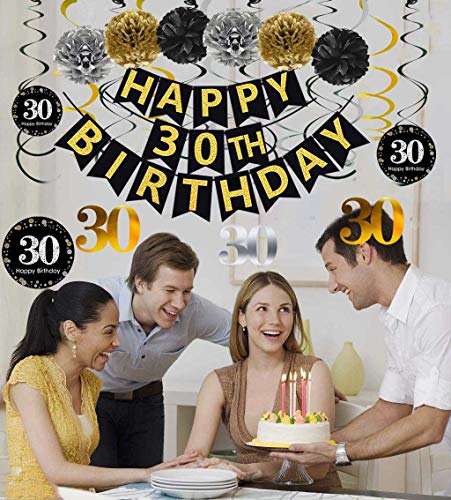 Famoby Black & Gold Glittery Happy 30th Birthday Banner,Poms,Sparkling 30 Hanging Swirls Kit for 30th Birthday Party 30th Anniversary Decorations Supplies