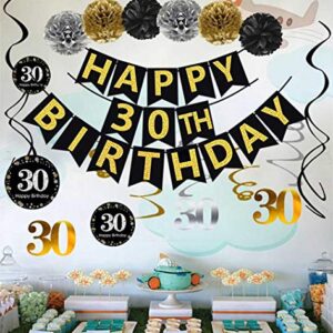 Famoby Black & Gold Glittery Happy 30th Birthday Banner,Poms,Sparkling 30 Hanging Swirls Kit for 30th Birthday Party 30th Anniversary Decorations Supplies