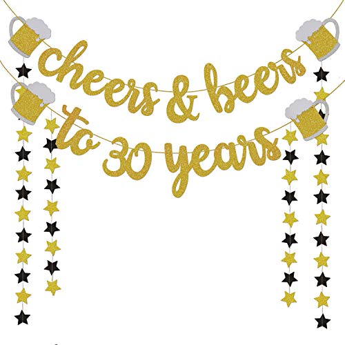 30th Birthday Decorations for Him/Her - 30th Birthday Gifts - Cheers & Beers to 30 Years Gold Glitter Banner - 30th Anniversary Decorations for Party, 30th Wedding Party Supplies for Men/Women