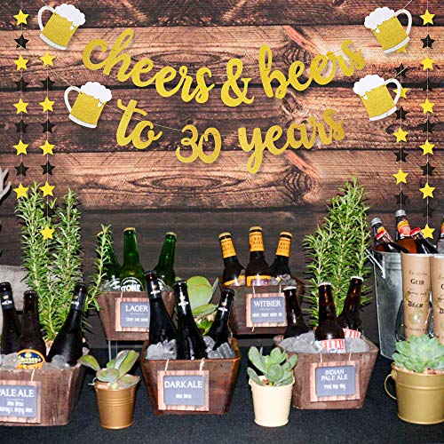 30th Birthday Decorations for Him/Her - 30th Birthday Gifts - Cheers & Beers to 30 Years Gold Glitter Banner - 30th Anniversary Decorations for Party, 30th Wedding Party Supplies for Men/Women