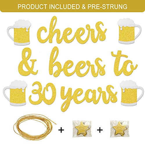 30th Birthday Decorations for Him/Her - 30th Birthday Gifts - Cheers & Beers to 30 Years Gold Glitter Banner - 30th Anniversary Decorations for Party, 30th Wedding Party Supplies for Men/Women