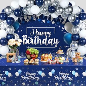 navy blue birthday party decorations blue confetti balloons kit happy birthday photography backdrop banner tablecloths for boys girls men women birthday party supplies decor (navy blue and silver)