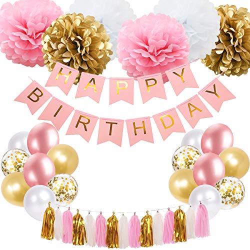 Pink and Gold Birthday Decoration, Happy Birthday Banner, Tissue Flower, Party Balloons for 16th 18th 21st 30th 50th 60th Birthday Party Decoration Supplies for Women Girls