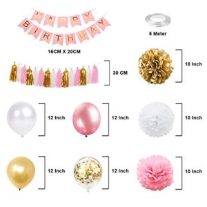 Pink and Gold Birthday Decoration, Happy Birthday Banner, Tissue Flower, Party Balloons for 16th 18th 21st 30th 50th 60th Birthday Party Decoration Supplies for Women Girls