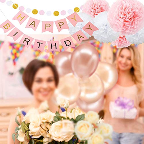 Pink and Gold Birthday Decoration, Happy Birthday Banner, Tissue Flower, Party Balloons for 16th 18th 21st 30th 50th 60th Birthday Party Decoration Supplies for Women Girls