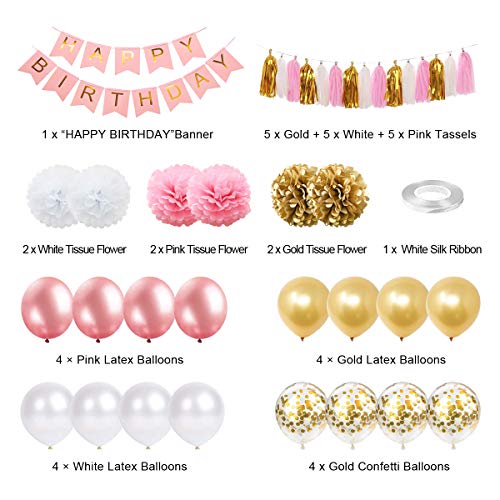 Pink and Gold Birthday Decoration, Happy Birthday Banner, Tissue Flower, Party Balloons for 16th 18th 21st 30th 50th 60th Birthday Party Decoration Supplies for Women Girls