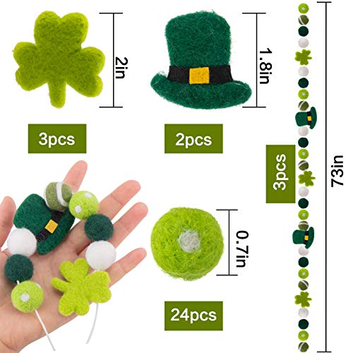 3 Pack St. Patrick's Day Felt Garlands- 6 Feet Pom Pom Felt Ball Shamrock Leprechaun Hat Hanging Banners Irish Themed Hanging Garlands Party Favors for St. Patrick's Day Home Bedroom Living Room Decor