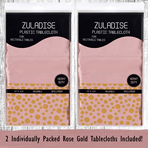 ZULADISE Rose Gold Tablecloth Plastic 2 Pack Rose Gold Table Cloths for Parties Disposable Rose Gold Plastic Tablecloth 54x108 Rectangle Rose Gold Table Cover for Birthday, Bachelorette, Baby Shower