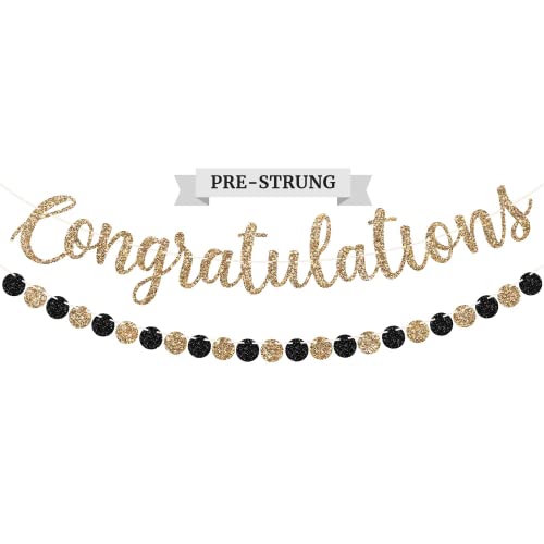 Pre-Strung Congratulations Banner - NO DIY - Gold Glitter Congratulation Banner - Pre-Strung Garland on 6 ft Strand - Graduation, Wedding, Retirement Party Decorations & Decor. Did we mention no DIY?