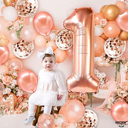 KatchOn, Rose Gold 1 Balloon for First Birthday - 40 Inch | One Balloon for First Birthday Balloons | First Birthday Decorations for Girl | Rose Gold Number 1 Balloons for 1st Birthday Girl Decoration