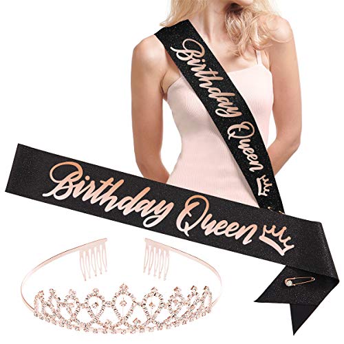 xo, Fetti Birthday Queen Sash + Tiara - Black Glitter + Rose Gold Foil | Birthday Party Decorations - 16th, 21st, 30th, 40th, 50th, Girl