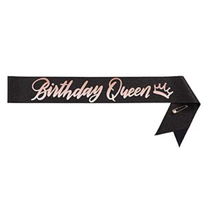 xo, Fetti Birthday Queen Sash + Tiara - Black Glitter + Rose Gold Foil | Birthday Party Decorations - 16th, 21st, 30th, 40th, 50th, Girl