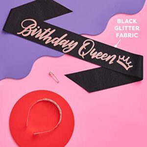 xo, Fetti Birthday Queen Sash + Tiara - Black Glitter + Rose Gold Foil | Birthday Party Decorations - 16th, 21st, 30th, 40th, 50th, Girl