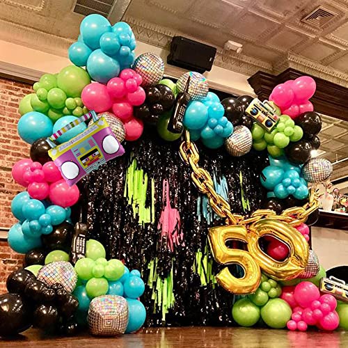 Back to 80s 90s Party Decorations, 124Pcs Disco Balloon Garland Arch Kit, Disco Radio Foil Balloon Hot Pink Green Purple Blue Orange Balloons for Retro Party Decorations Hip Hop Rock Photo Props Backdrop