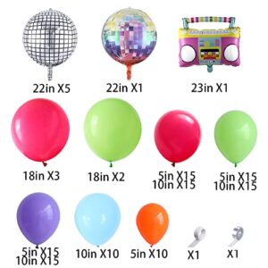 Back to 80s 90s Party Decorations, 124Pcs Disco Balloon Garland Arch Kit, Disco Radio Foil Balloon Hot Pink Green Purple Blue Orange Balloons for Retro Party Decorations Hip Hop Rock Photo Props Backdrop