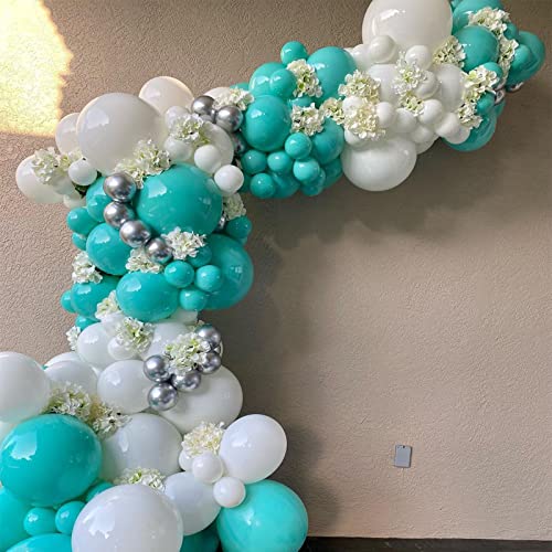 Teal Balloons Garland Arch kit,120Pcs 18 12 10 5 In Teal Turquoise Tiffany Blue and White Metallic Silver Confetti Latex Balloons for Graduation Baby Shower Weddings Birthday Party Decorations