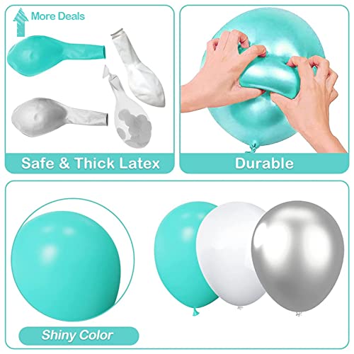 Teal Balloons Garland Arch kit,120Pcs 18 12 10 5 In Teal Turquoise Tiffany Blue and White Metallic Silver Confetti Latex Balloons for Graduation Baby Shower Weddings Birthday Party Decorations