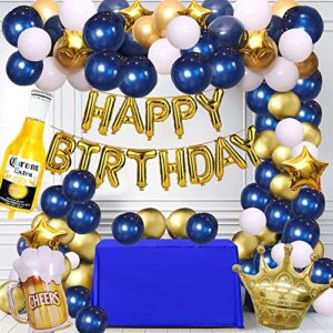 Navy Blue Gold Birthday Party Decorations Men, Happy Birthday Banner Decor for Men Women Boys Girls, Corona Beer Balloon Garland Kit for 16th 18th 21st 25th 30th 40th 50th 60th Birthday Party Supplies