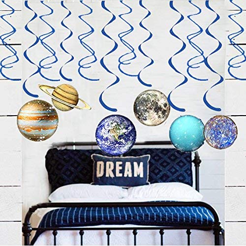 LINDOO 30Pcs Solar System Party Supplies - Outer Space Party Planet Hanging Swirl Decorations