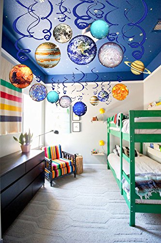 LINDOO 30Pcs Solar System Party Supplies - Outer Space Party Planet Hanging Swirl Decorations