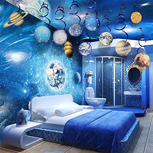 LINDOO 30Pcs Solar System Party Supplies - Outer Space Party Planet Hanging Swirl Decorations