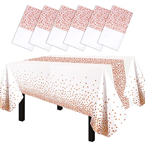 FECEDY 6 Packs 54"x108" Rose Gold Wave Point White Disposable Plastic Table Cover Waterproof Tablecloths for Rectangle Tables up to 8 ft in Length Party Decorations