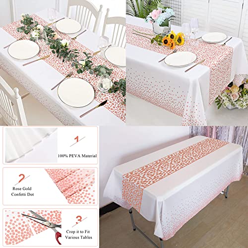 FECEDY 6 Packs 54"x108" Rose Gold Wave Point White Disposable Plastic Table Cover Waterproof Tablecloths for Rectangle Tables up to 8 ft in Length Party Decorations