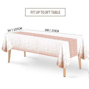 FECEDY 6 Packs 54"x108" Rose Gold Wave Point White Disposable Plastic Table Cover Waterproof Tablecloths for Rectangle Tables up to 8 ft in Length Party Decorations