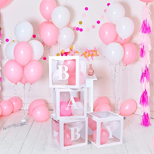 Voircoloria Baby Boxes with 42pcs Letters for Baby Shower Transparent Balloon Boxes Clear Balloon Box Blocks for Boy Girl Gender Reveal Party and Birthday Party (White)