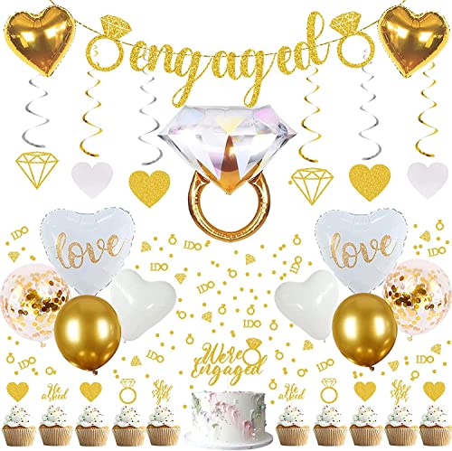 Engagement Party Decorations Sparkly Gold Engagement Decorations, Engaged Banner, Cake Decorations, Confetti, Ring Balloons for Wedding Engagement Party Decor