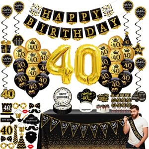 40th birthday decorations for men women – (76pack) black gold party banner, pennant, hanging swirl, birthday balloons, tablecloths, cupcake topper, crown, plates, photo props, birthday sash for gifts