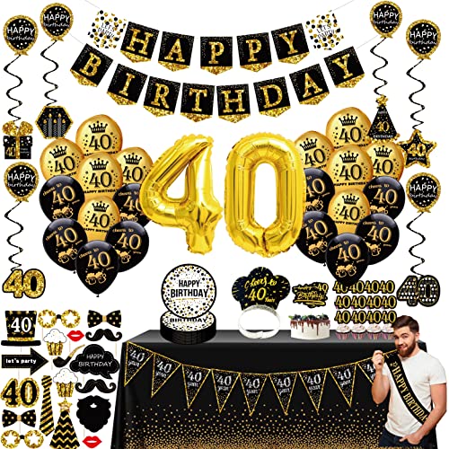 40th birthday decorations for men women - (76pack) black gold party Banner, Pennant, Hanging Swirl, birthday balloons, Tablecloths, cupcake Topper, Crown, plates, Photo Props, Birthday Sash for gifts