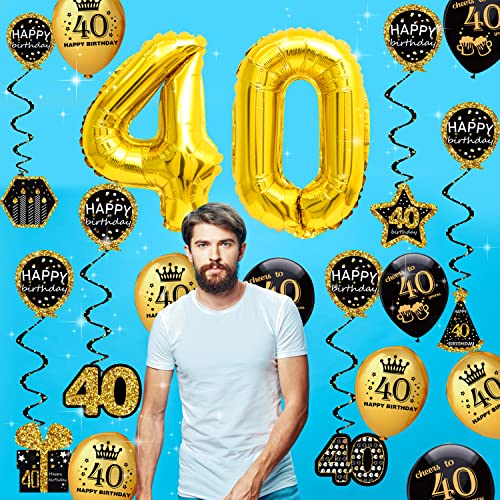 40th birthday decorations for men women - (76pack) black gold party Banner, Pennant, Hanging Swirl, birthday balloons, Tablecloths, cupcake Topper, Crown, plates, Photo Props, Birthday Sash for gifts