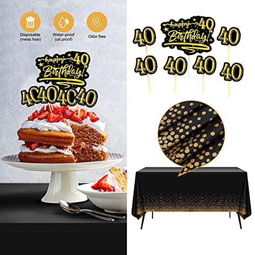 40th birthday decorations for men women - (76pack) black gold party Banner, Pennant, Hanging Swirl, birthday balloons, Tablecloths, cupcake Topper, Crown, plates, Photo Props, Birthday Sash for gifts